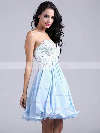 A line Sweetheart Chiffon Short Mini Appliques Lace Short Prom Dresses millybridal