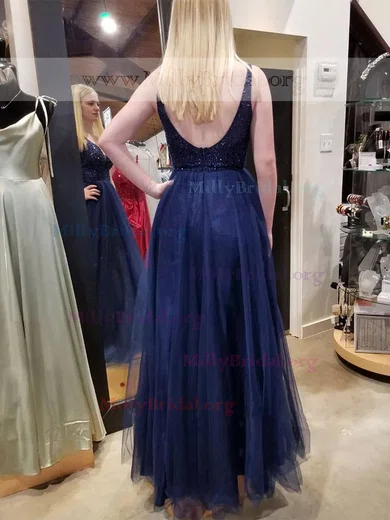 A line V neck Tulle Floor length Prom Dresses With Appliques Lace millybridal